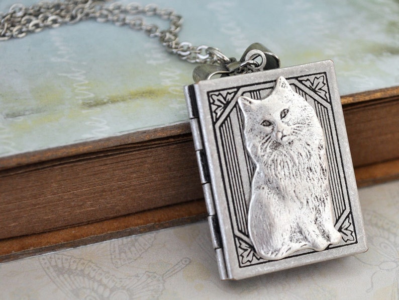 Handmade Antiqued Silver Book Style Cat Locket, Vintage Cat Charm, Book ...