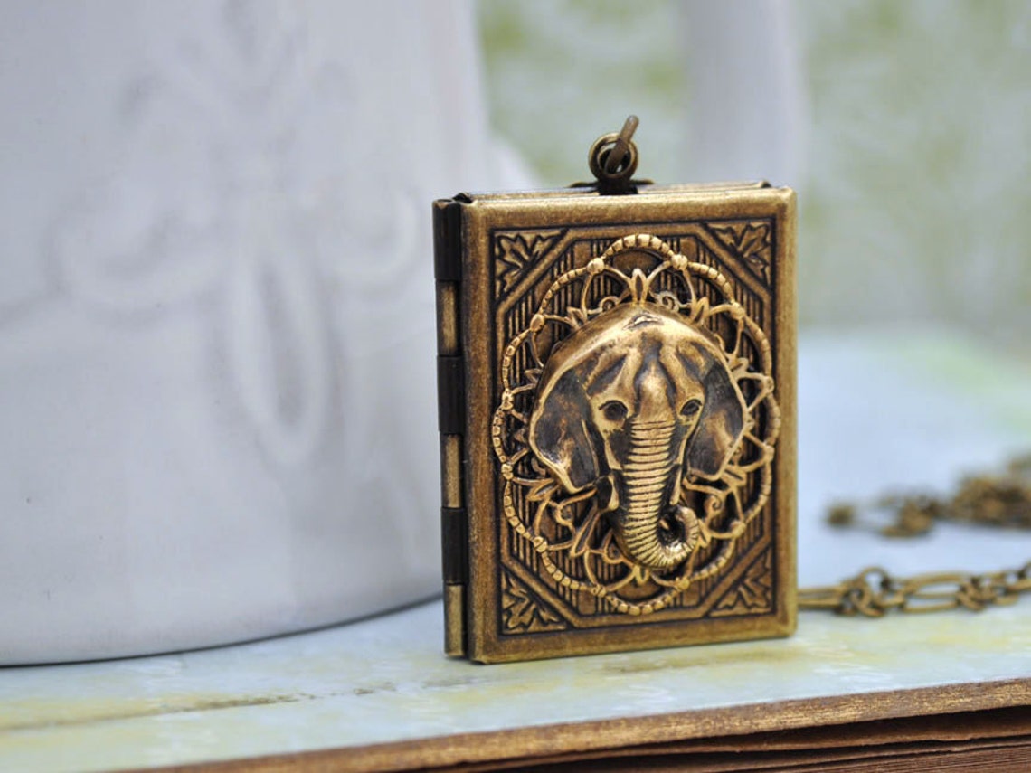 Book Style Elephant Locket SAFARI Antique Brass Locket | Etsy