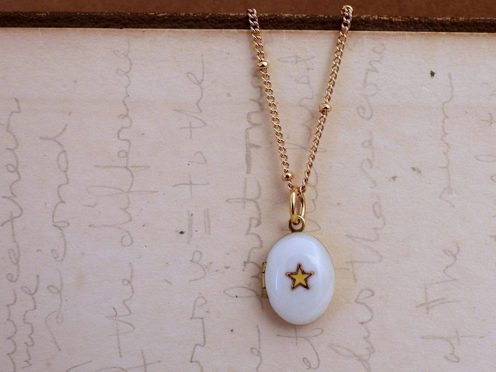 Tiny Gold Star Locket Necklace Vintage Brass Locket Cold Enamel Star ...