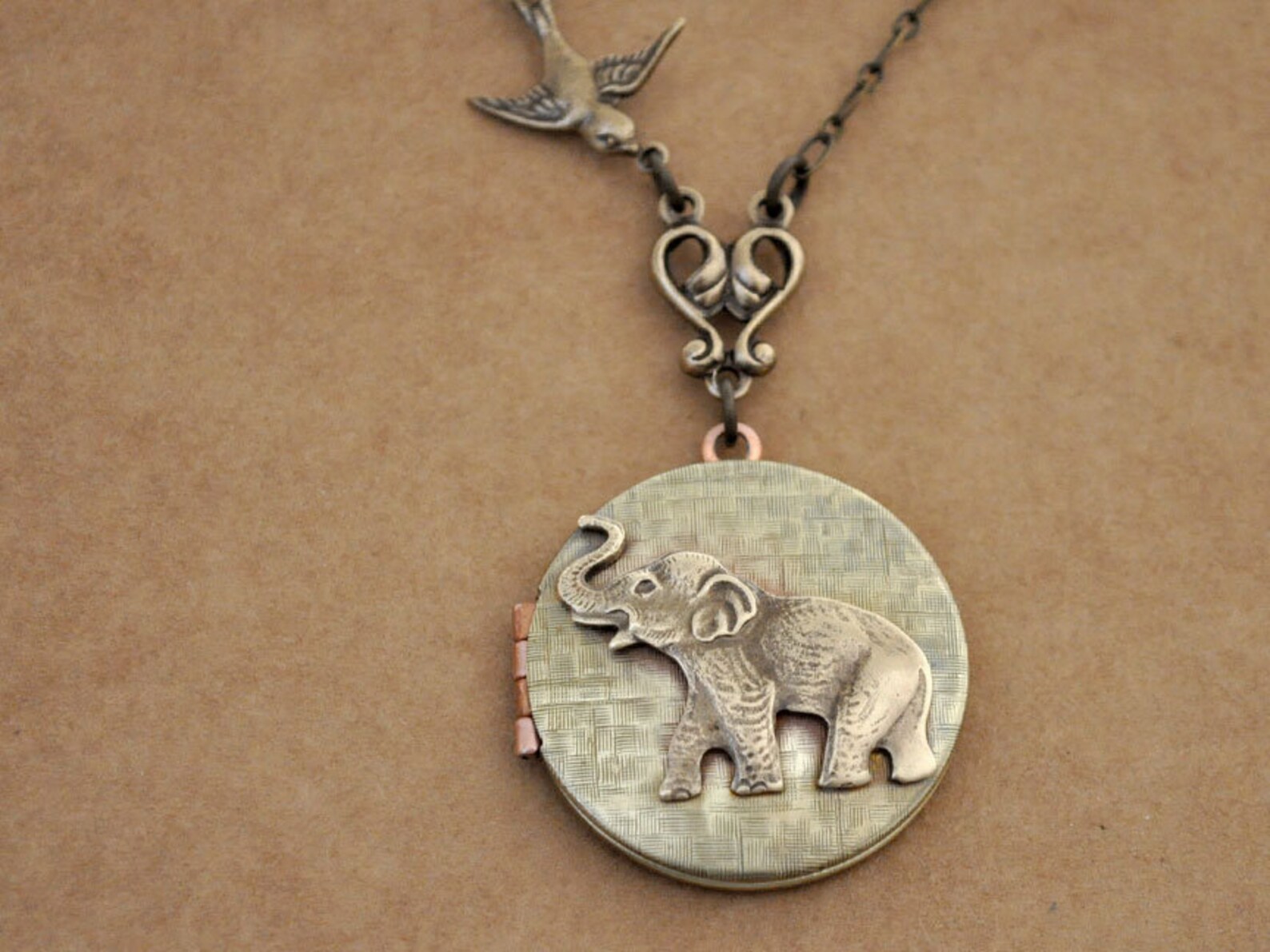 Vintage Elephant Locket BEST OF FRIENDS Baby Elephant Sparrow Bird ...