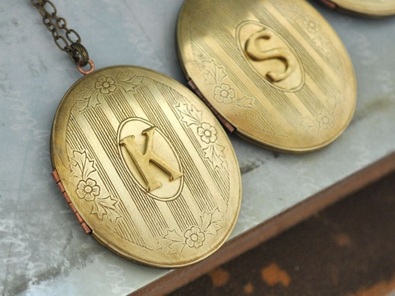 INITIAL LOCKET Vintage Brushed Brass Letter Locket Necklace | Etsy