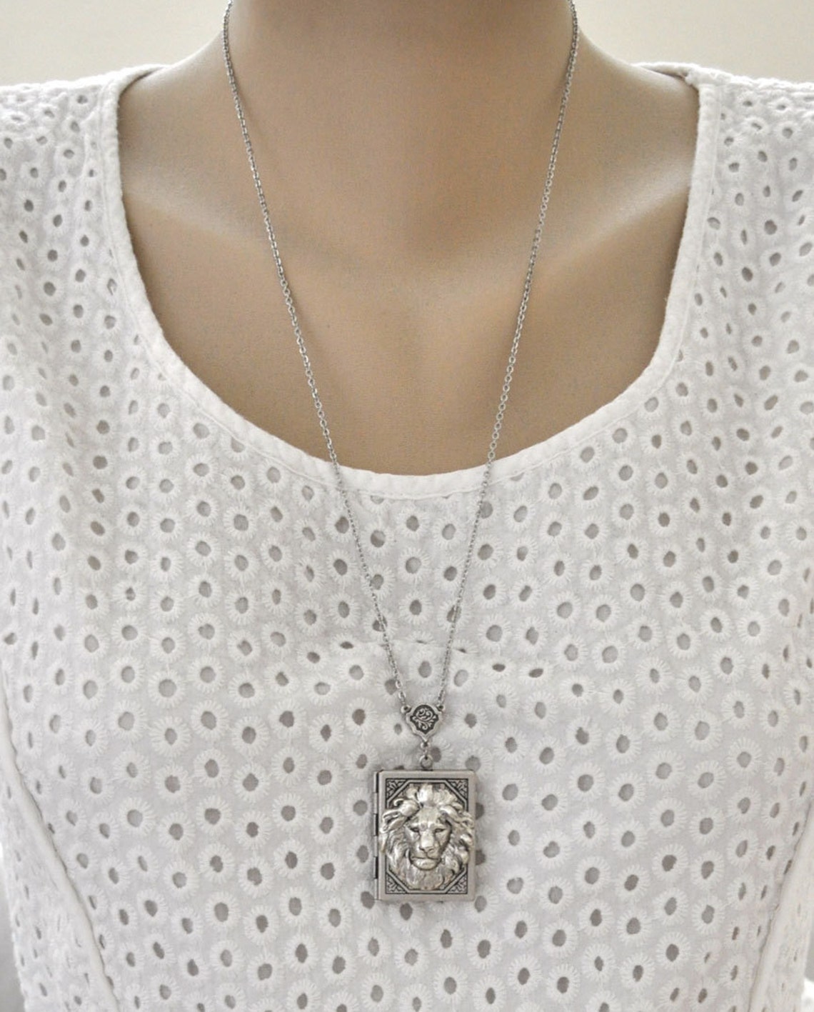 Lion Necklace, Silver Book Locket Necklace, THE BRAVE ONE, Antiqued ...