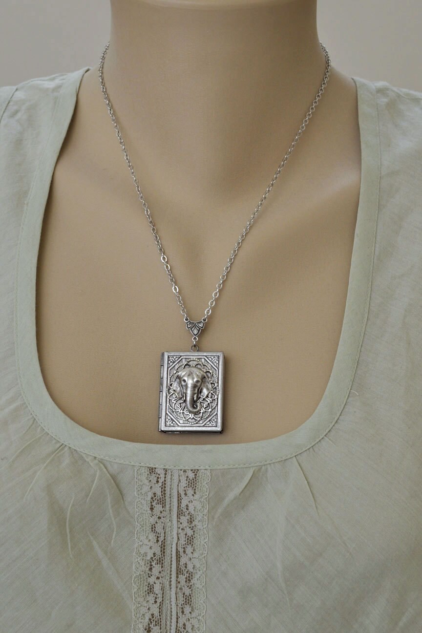 Silver Locket Necklace Book Elephant Locket SAFARI Antiqued - Etsy