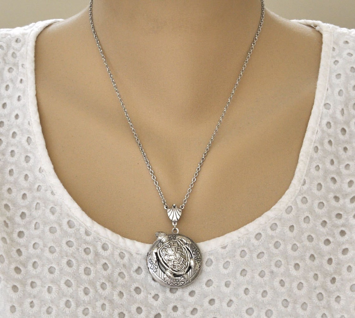 Silver Locket, Turtle Locket, UNDER THE SEA, Silver Turtle Floral ...