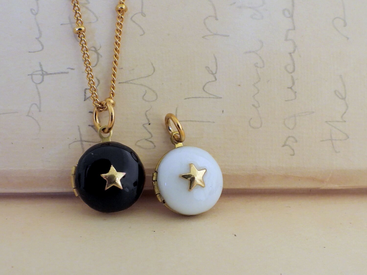 Tiny Gold Star Locket Necklace Vintage Brass Locket Black Cold Enamel ...