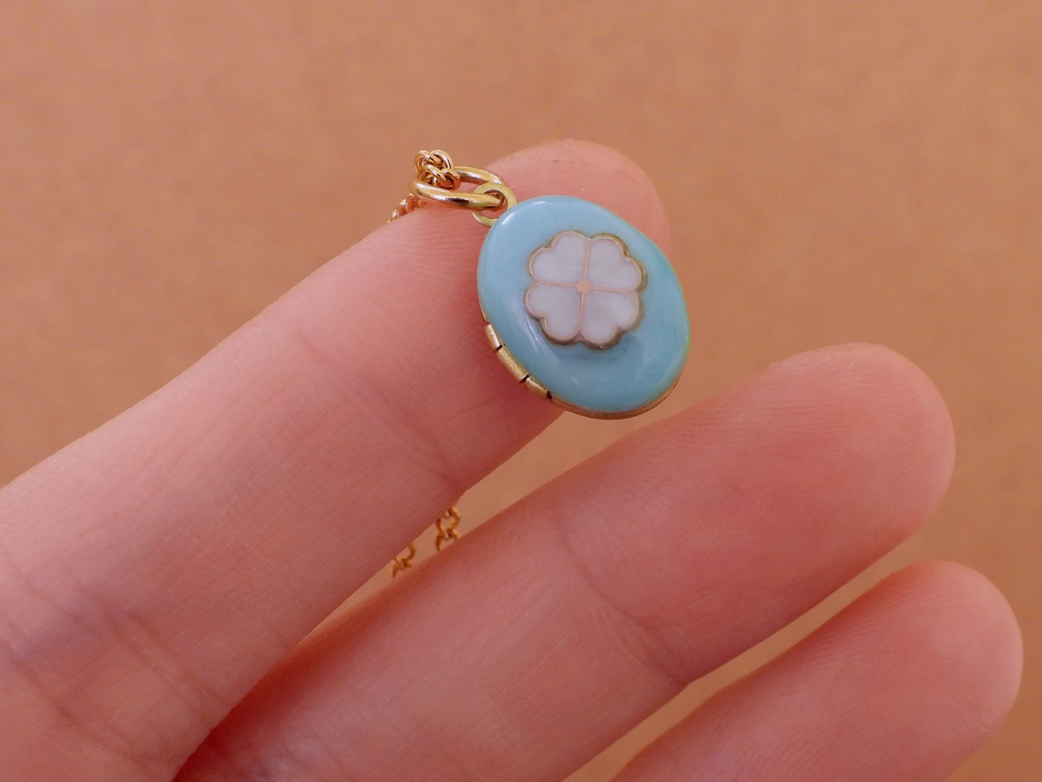 Tiny Gold Clover Locket Necklace Vintage Brass Locket Blue Cold Enamel ...