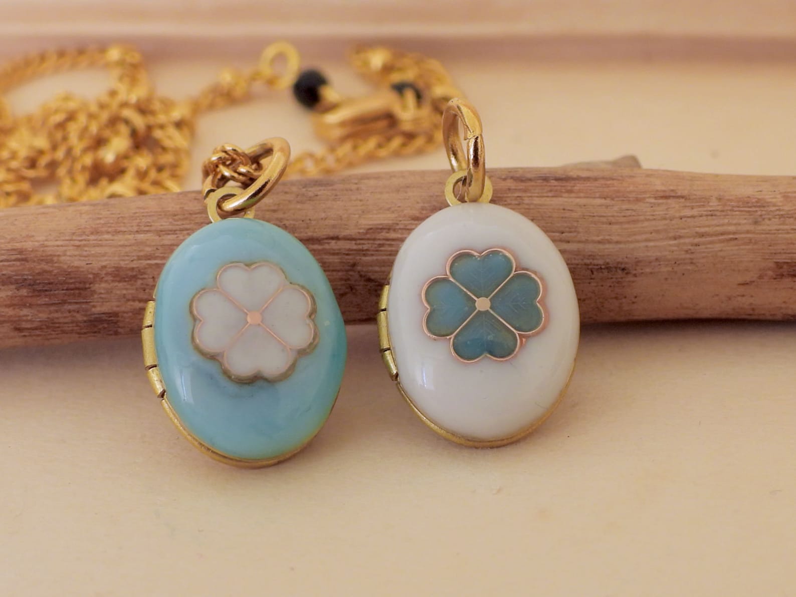 Tiny Gold Clover Locket Necklace Vintage Brass Locket Blue Cold Enamel ...