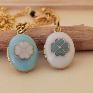 Tiny Gold Clover Locket Necklace Vintage Brass Locket Blue Cold Enamel ...
