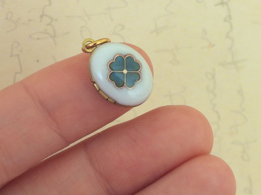 Tiny Gold Clover Locket Necklace Vintage Brass Locket Blue Cold Enamel ...