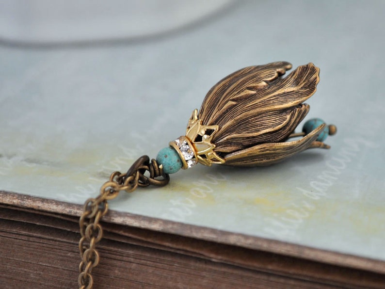 RING the BELL FLOWER, Handmade Antique Brass Flower Bud Necklace With ...