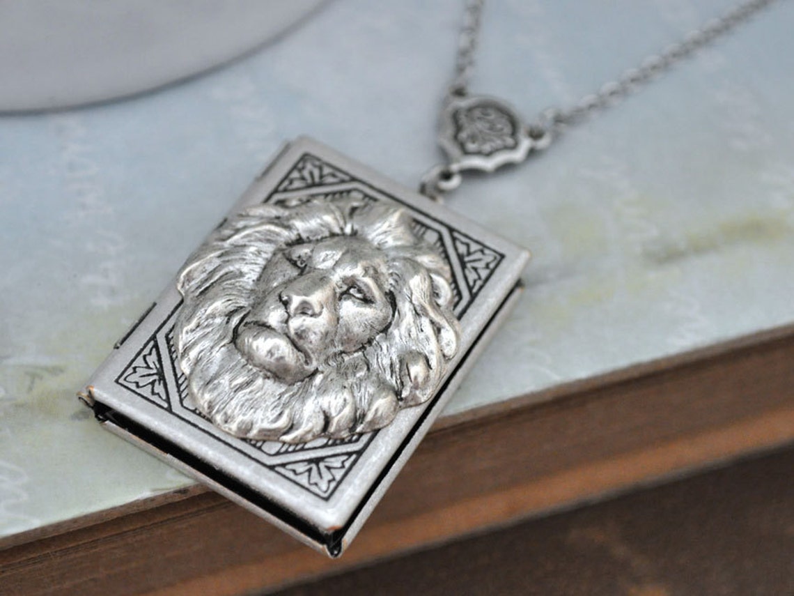 Lion Necklace, Silver Book Locket Necklace, THE BRAVE ONE, Antiqued ...