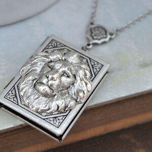 Lion Necklace, Silver Book Locket Necklace, THE BRAVE ONE, Antiqued ...