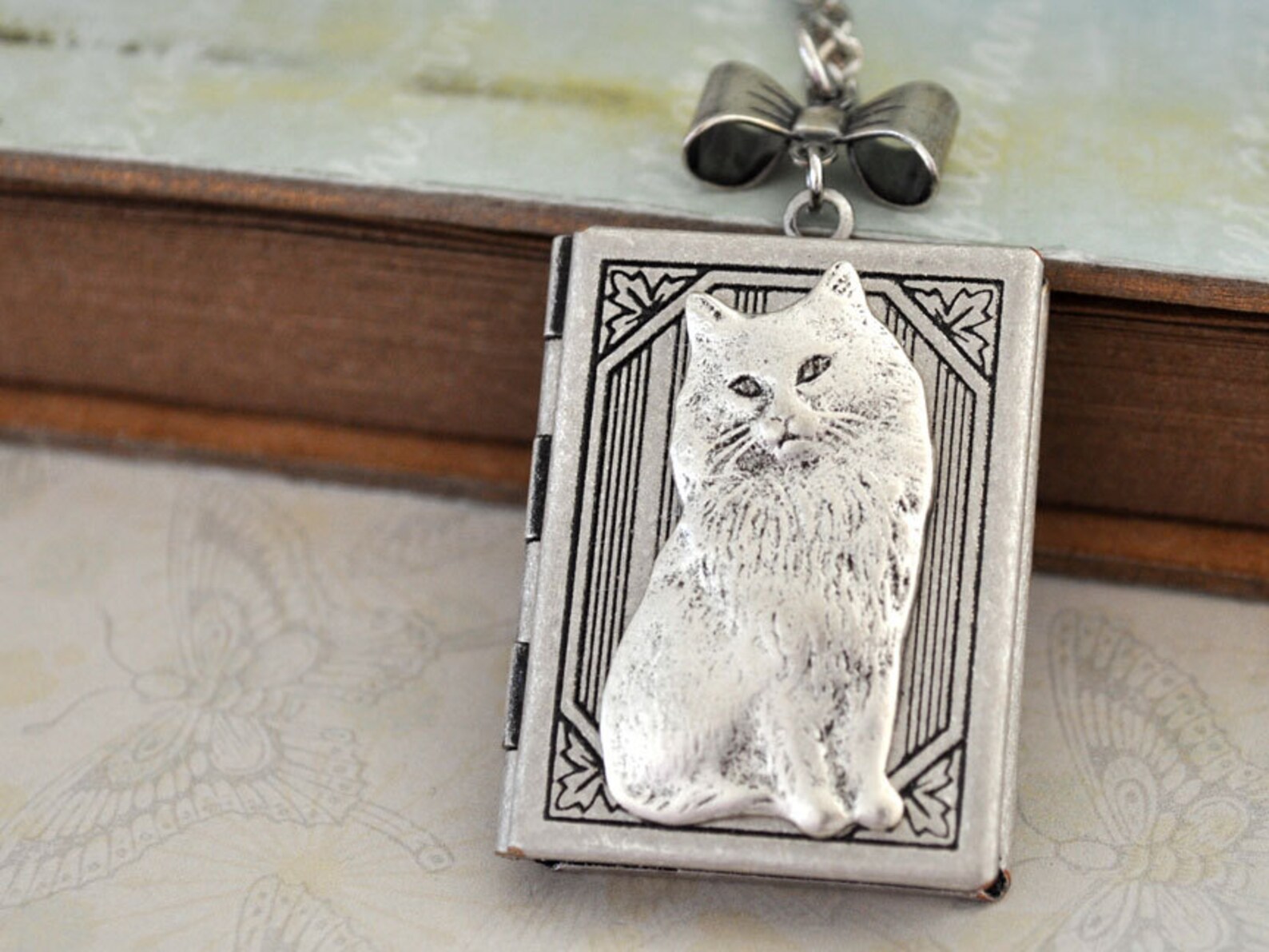 Handmade Antiqued Silver Book Style Cat Locket, Vintage Cat Charm, Book ...