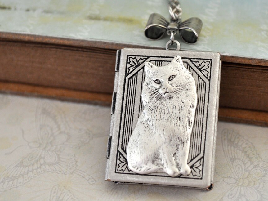 Handmade Antiqued Silver Book Style Cat Locket Vintage Cat - Etsy