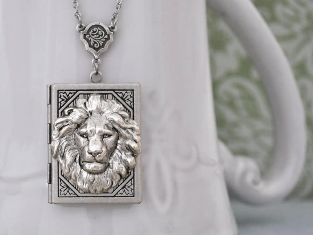 Lion Necklace, Silver Book Locket Necklace, THE BRAVE ONE, Antiqued ...