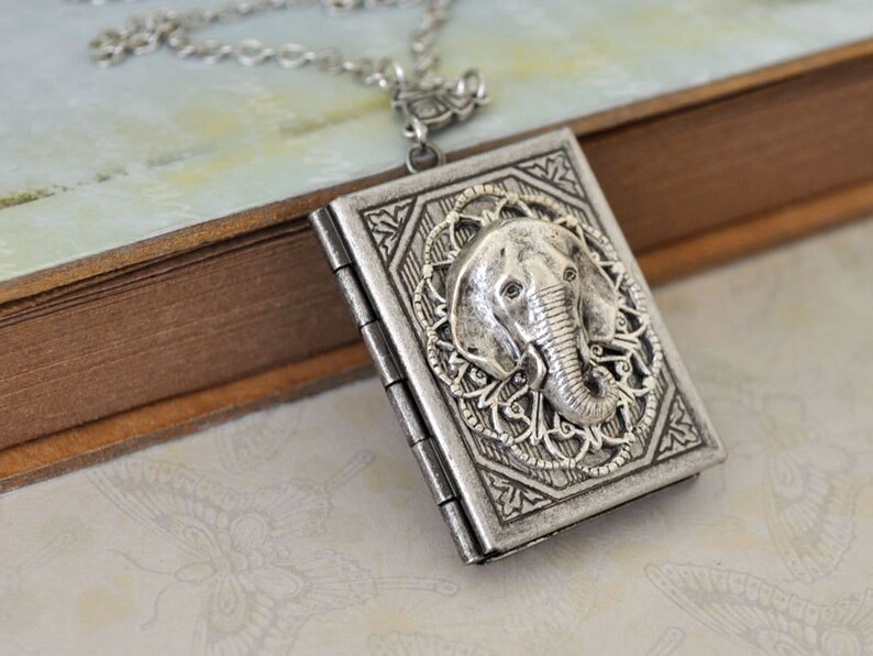 Silver Locket Necklace Book Elephant Locket SAFARI Antiqued - Etsy