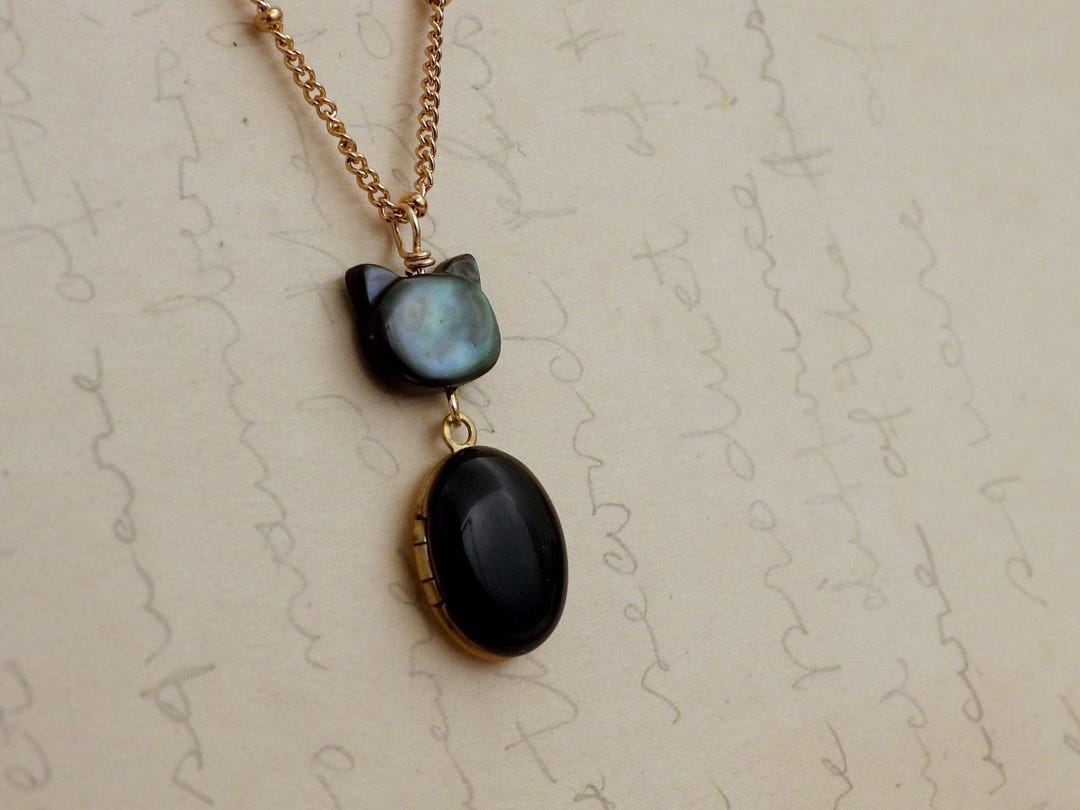 Minimalist Black Cat Photo Locket Necklace Tiny Cold Enamel Shell ...