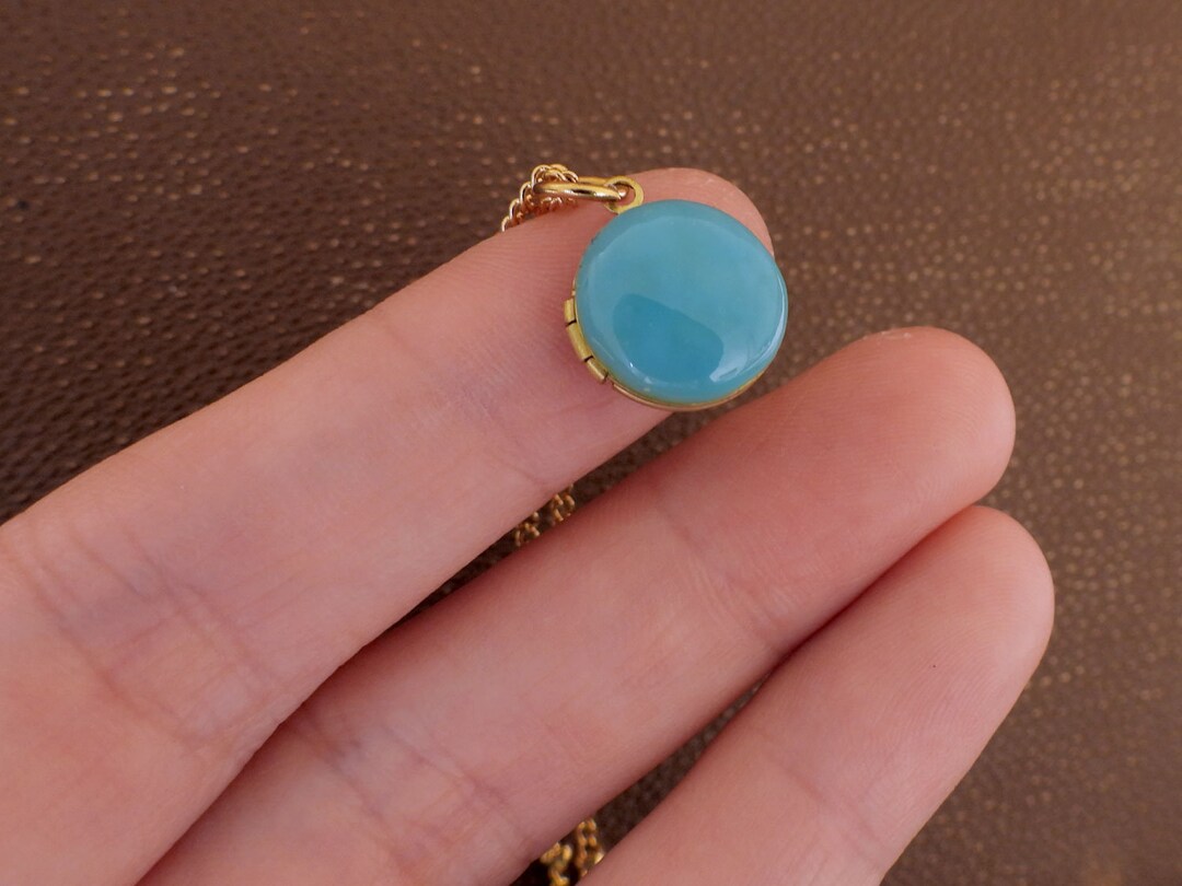Tiny Turquoise Blue Cold Enamel Locket Necklace Vintage Mini Brass ...