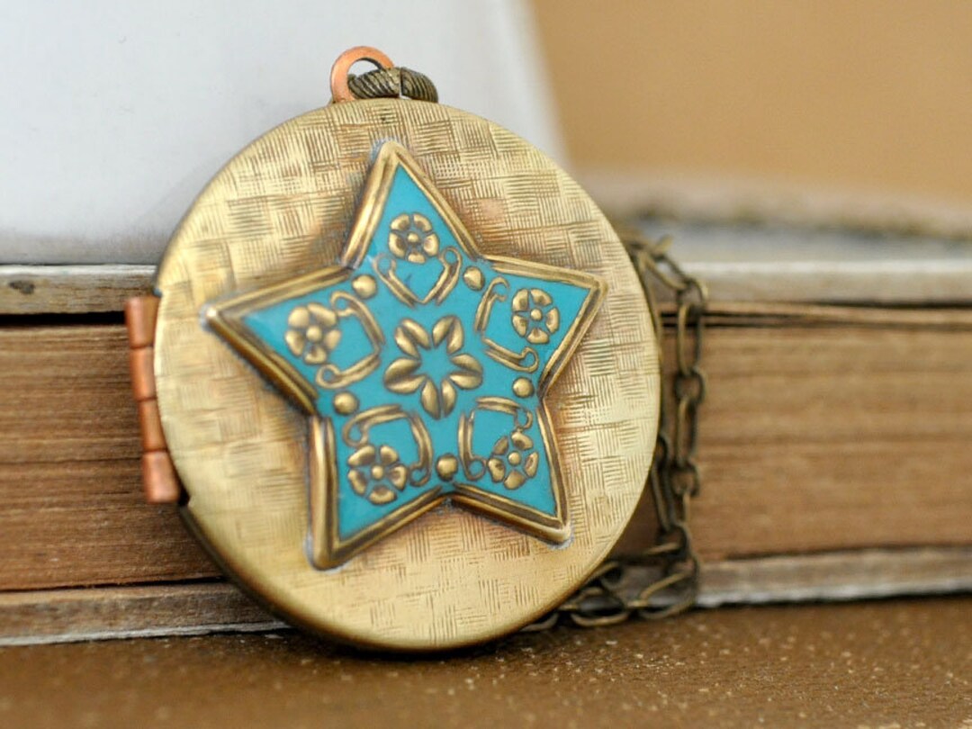 Blue Star Locket Necklace Vintage 70s Brass Locket Necklace Handmade ...
