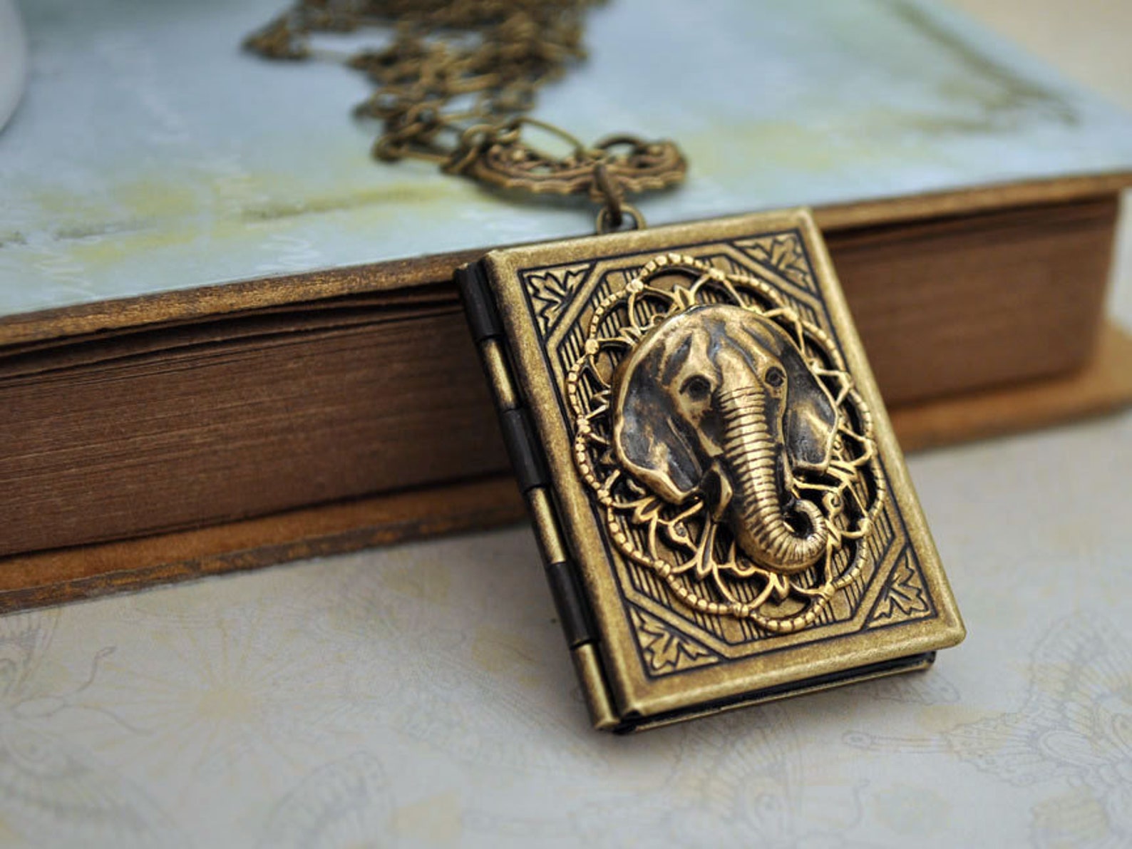 Book Style Elephant Locket SAFARI Antique Brass Locket - Etsy
