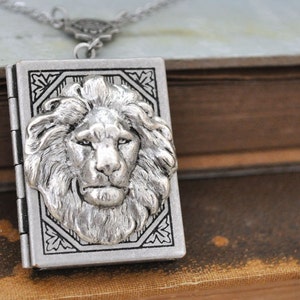 Lion Necklace, Silver Book Locket Necklace, THE BRAVE ONE, Antiqued ...