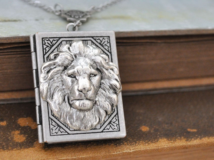 Lion Necklace, Silver Book Locket Necklace, THE BRAVE ONE, Antiqued ...