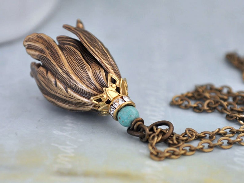 RING the BELL FLOWER, Handmade Antique Brass Flower Bud Necklace With ...