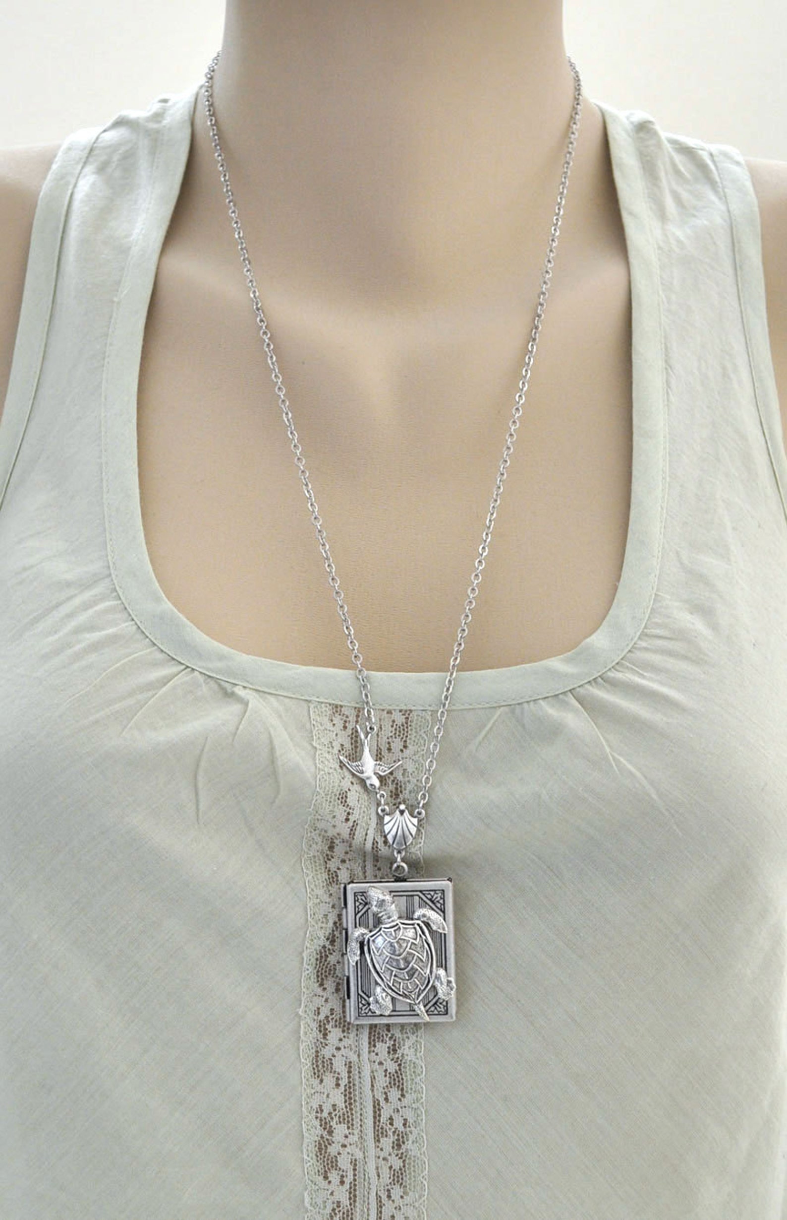 Handmade Silver Book Locket Sea Turtle and Sparrow Bird Photo | Etsy