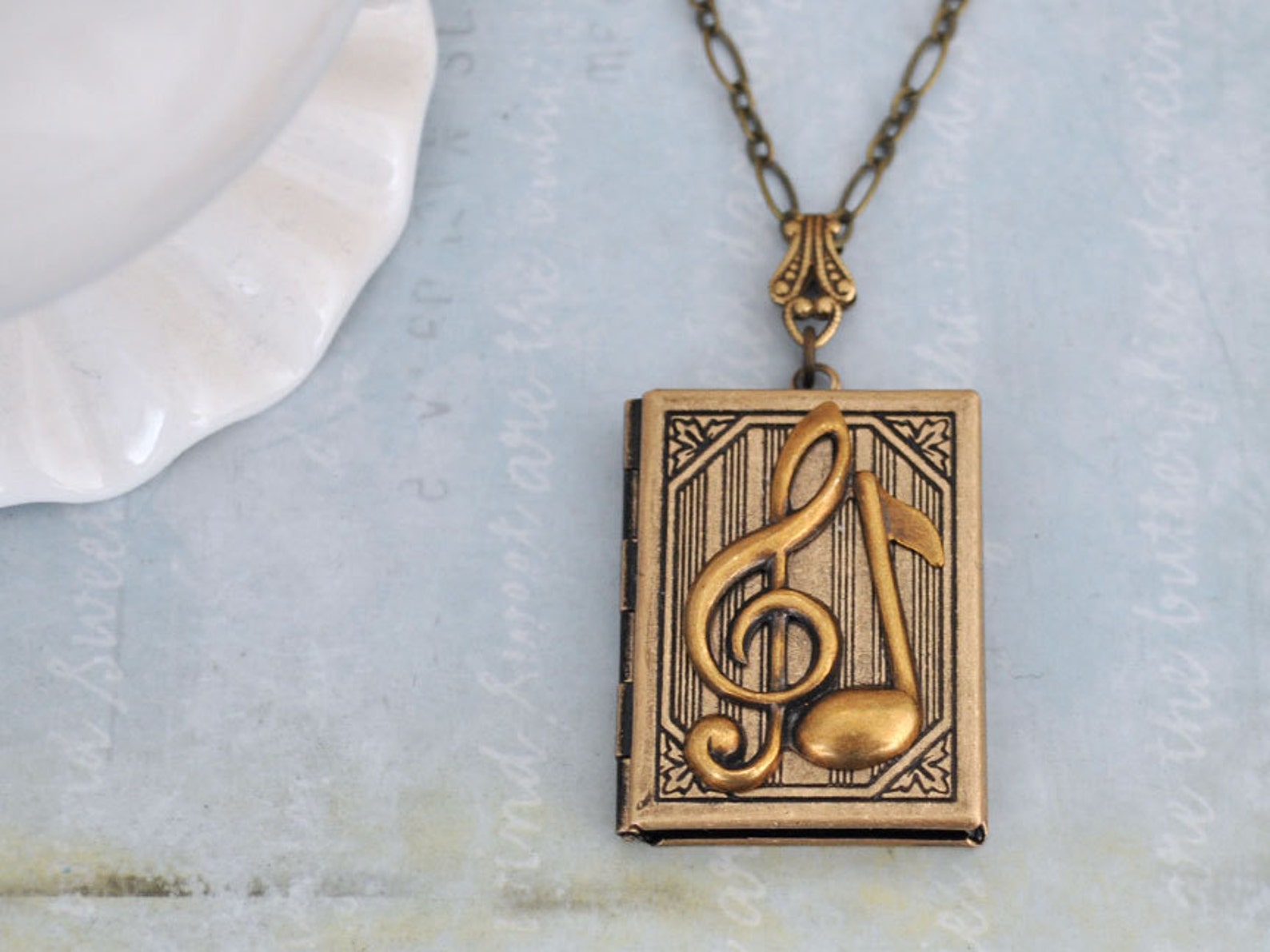 Antiqued Brass Locket Necklace THE G-CLEF Music Notes | Etsy