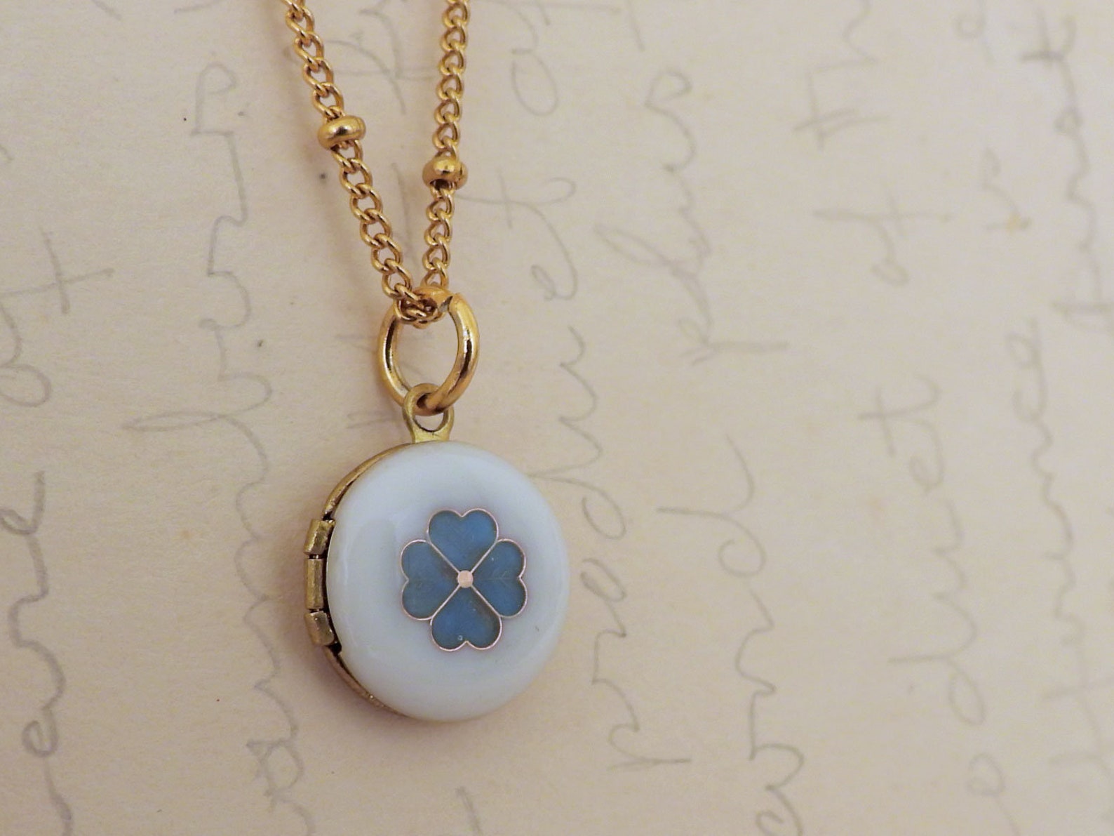 Tiny Gold Clover Locket Necklace Vintage Brass Locket Blue Cold Enamel ...
