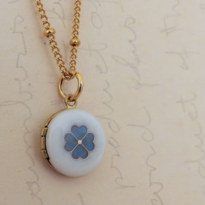 Tiny Gold Clover Locket Necklace Vintage Brass Locket Blue Cold Enamel ...