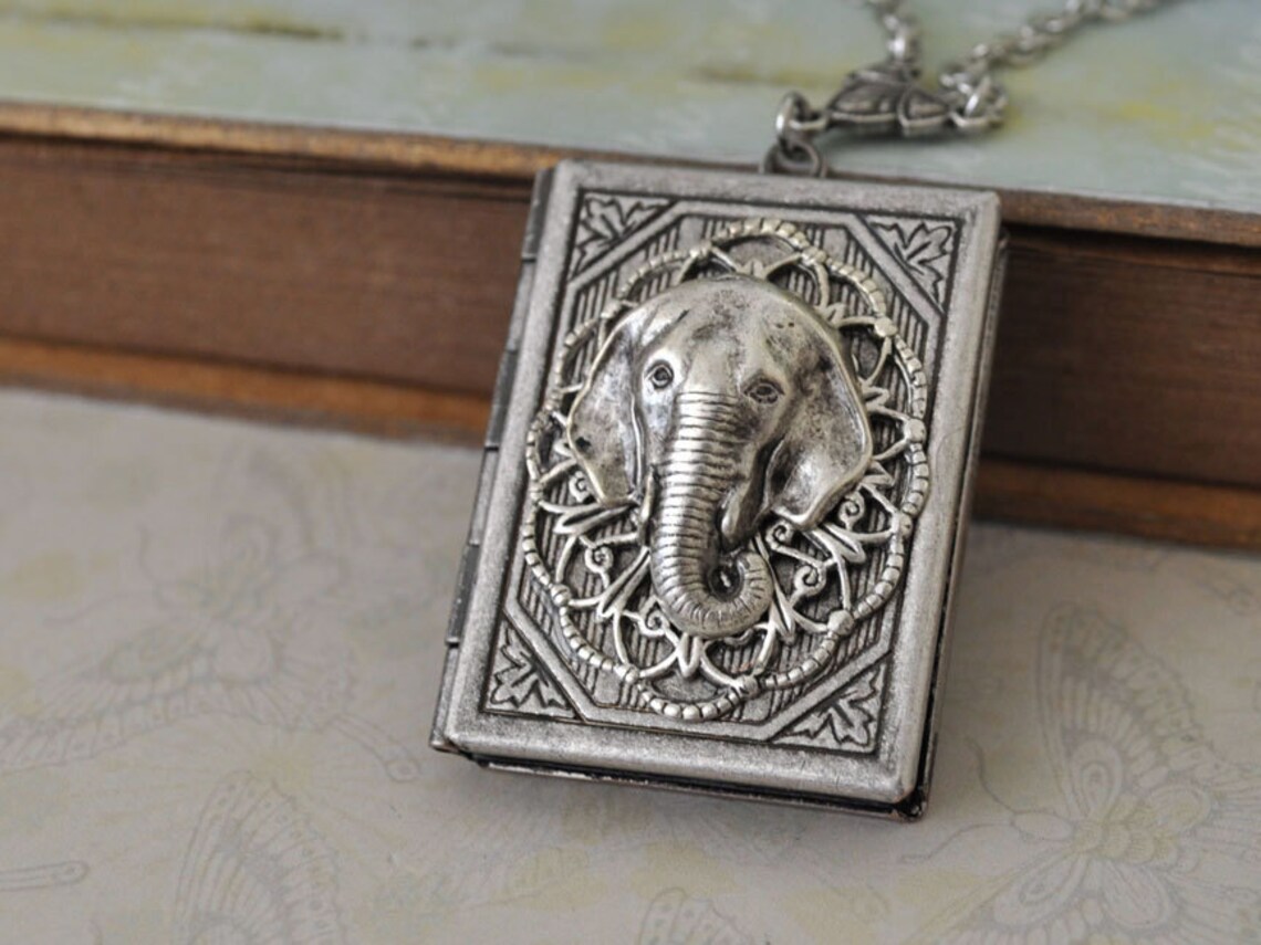 Silver Locket Necklace Book Elephant Locket SAFARI Antiqued - Etsy