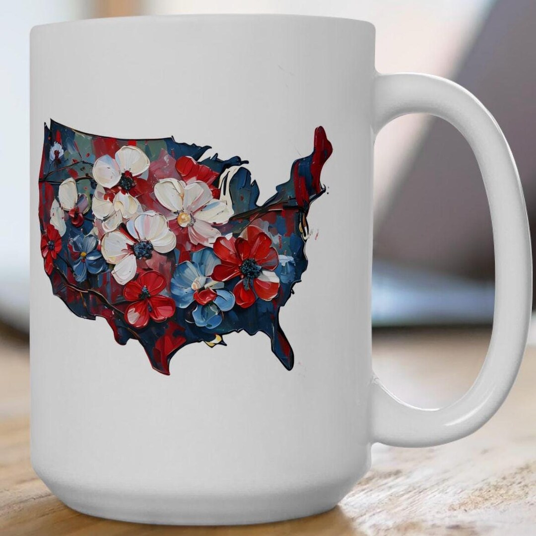 Patriotic Mug, USA Map Coffee Cup, Floral Americana Tea Mug, Red, White ...