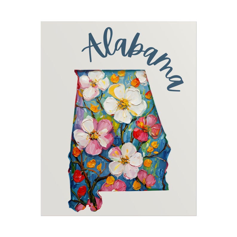 Alabama Art Print Floral Alabama Map Gift Alabama Wall Art Alabama Home ...