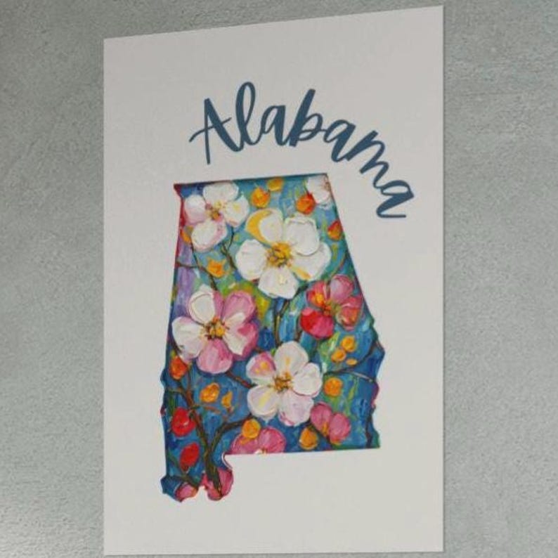 Alabama Art Print Floral Alabama Map Gift Alabama Wall Art Alabama Home ...