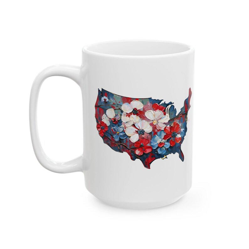 Patriotic Mug, USA Map Coffee Cup, Floral Americana Tea Mug, Red, White ...