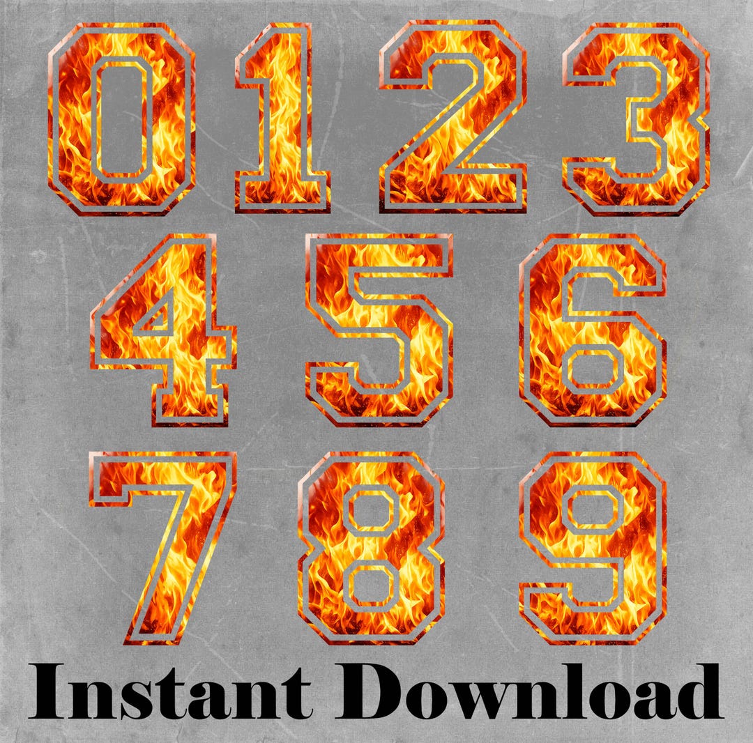 Flame Baseball Numbers PNG 0-9 | Fire Jersey Numbers (instant Download ...