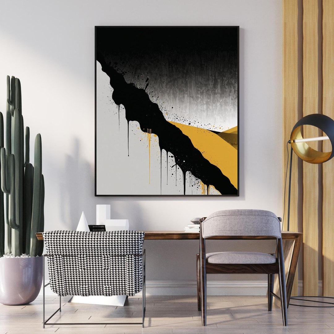 Printable Minimalist Abstract Black White Yellow Wall Art Digital ...