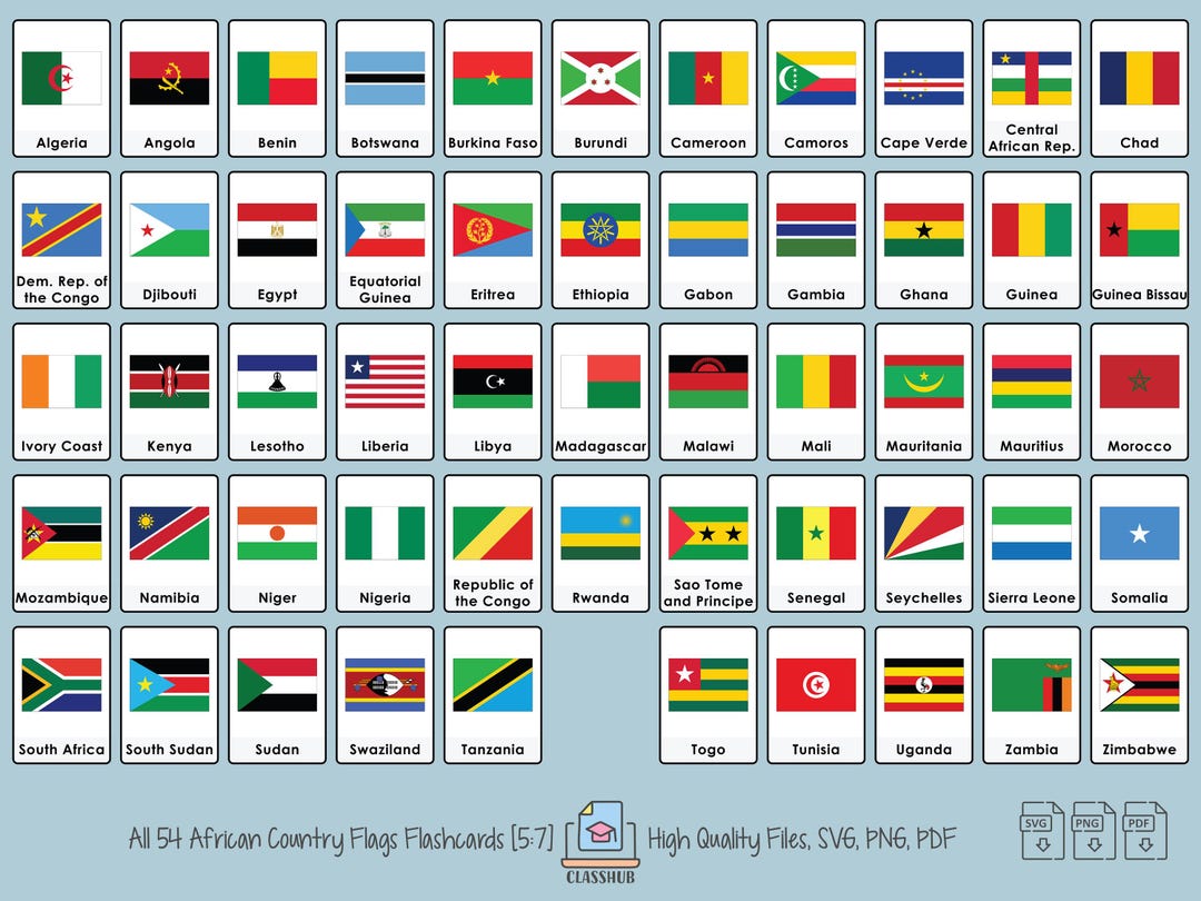 All 54 African Country Flags Flashcard Digital Files Educational Cards ...