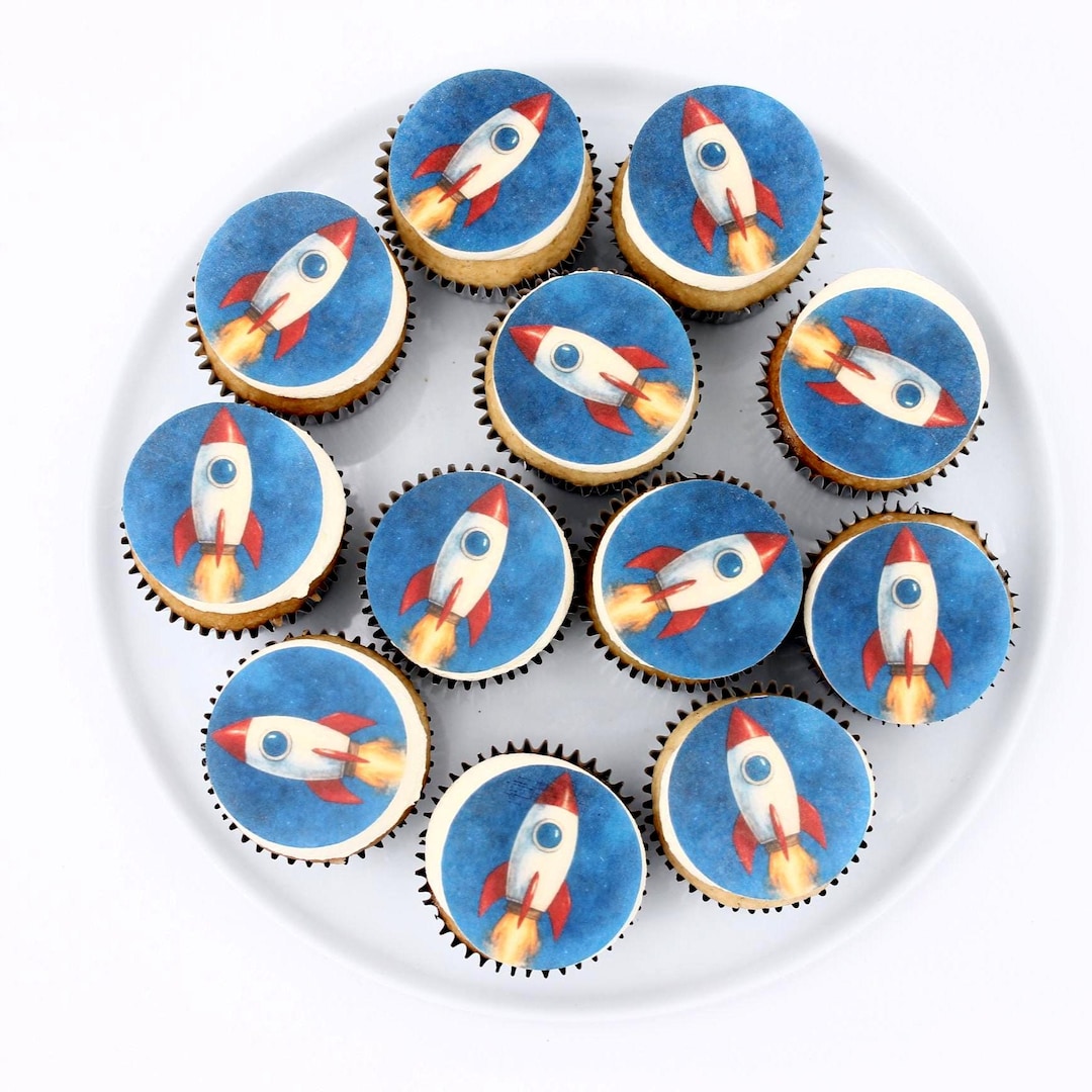 Rocket Ship (10pc) Topper Set- Edible Cupcake/ Cookie/drink Toppers ...