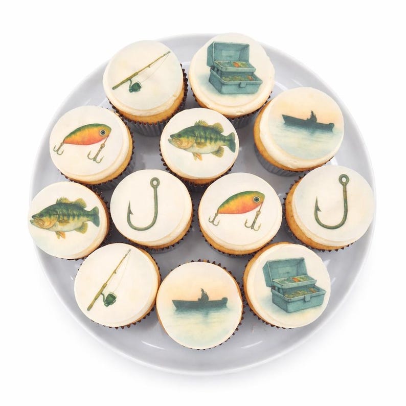 Fishing Cupcake Toppers, Edible Wafer Paper Fishing Theme, Hook Fish ...