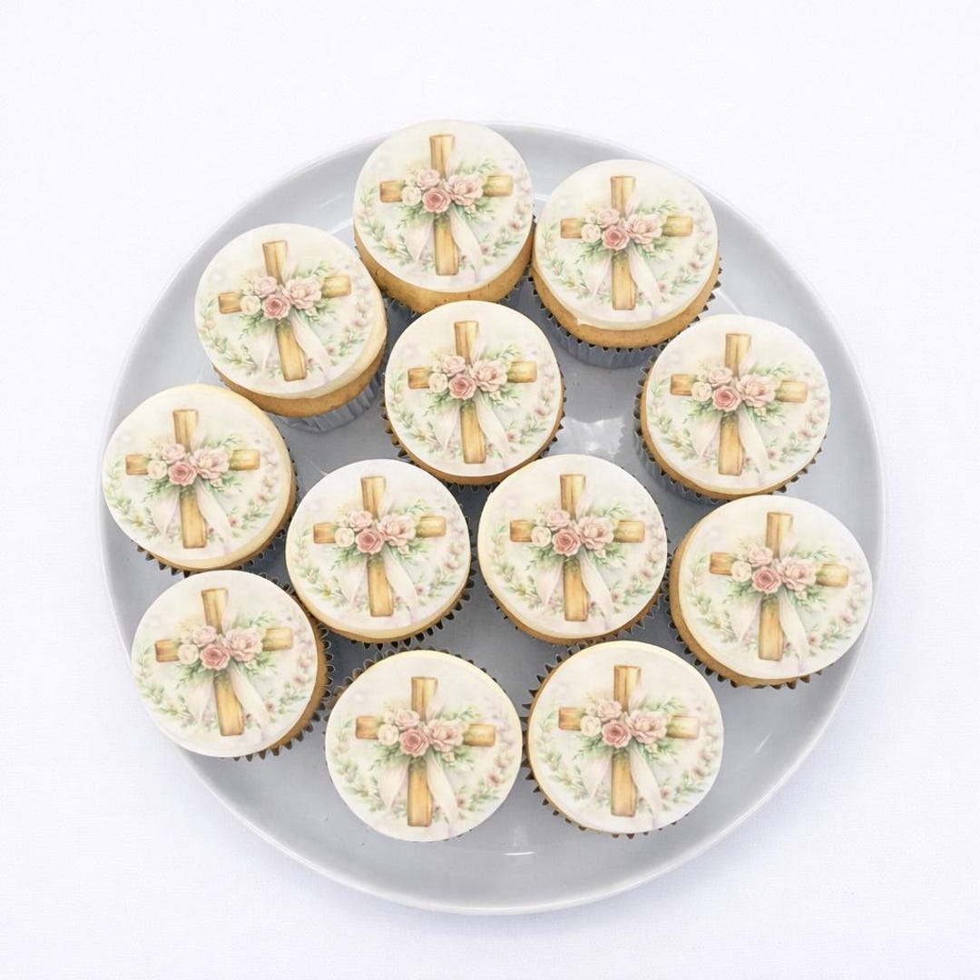 Floral Cross Edible Cupcake, Cookie, Drink, Toppers, Edible Wafer Paper ...
