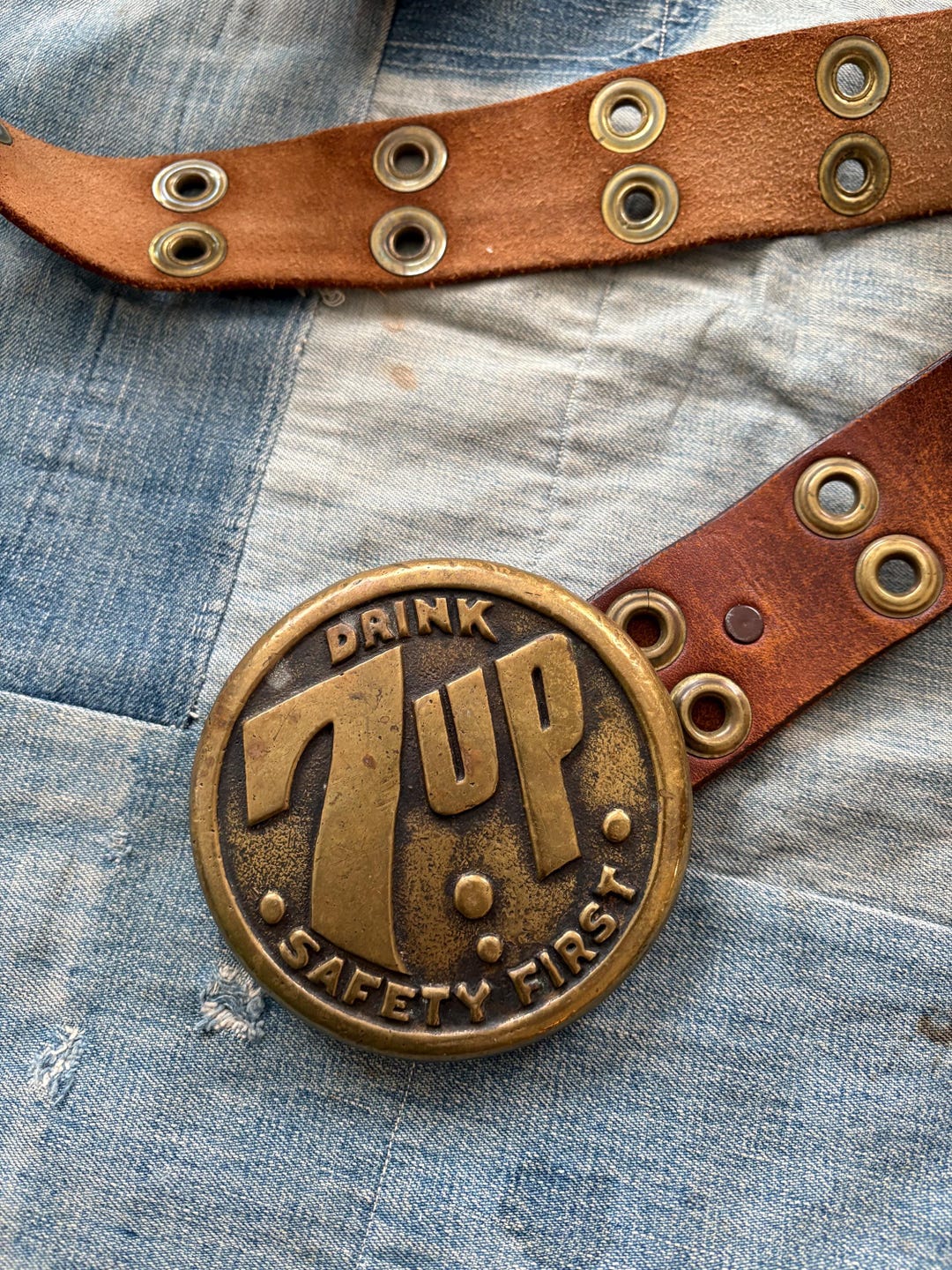 Antique 1930s Brass 7up Safety First Sidewalk Marker Turned Belt Buckle ...