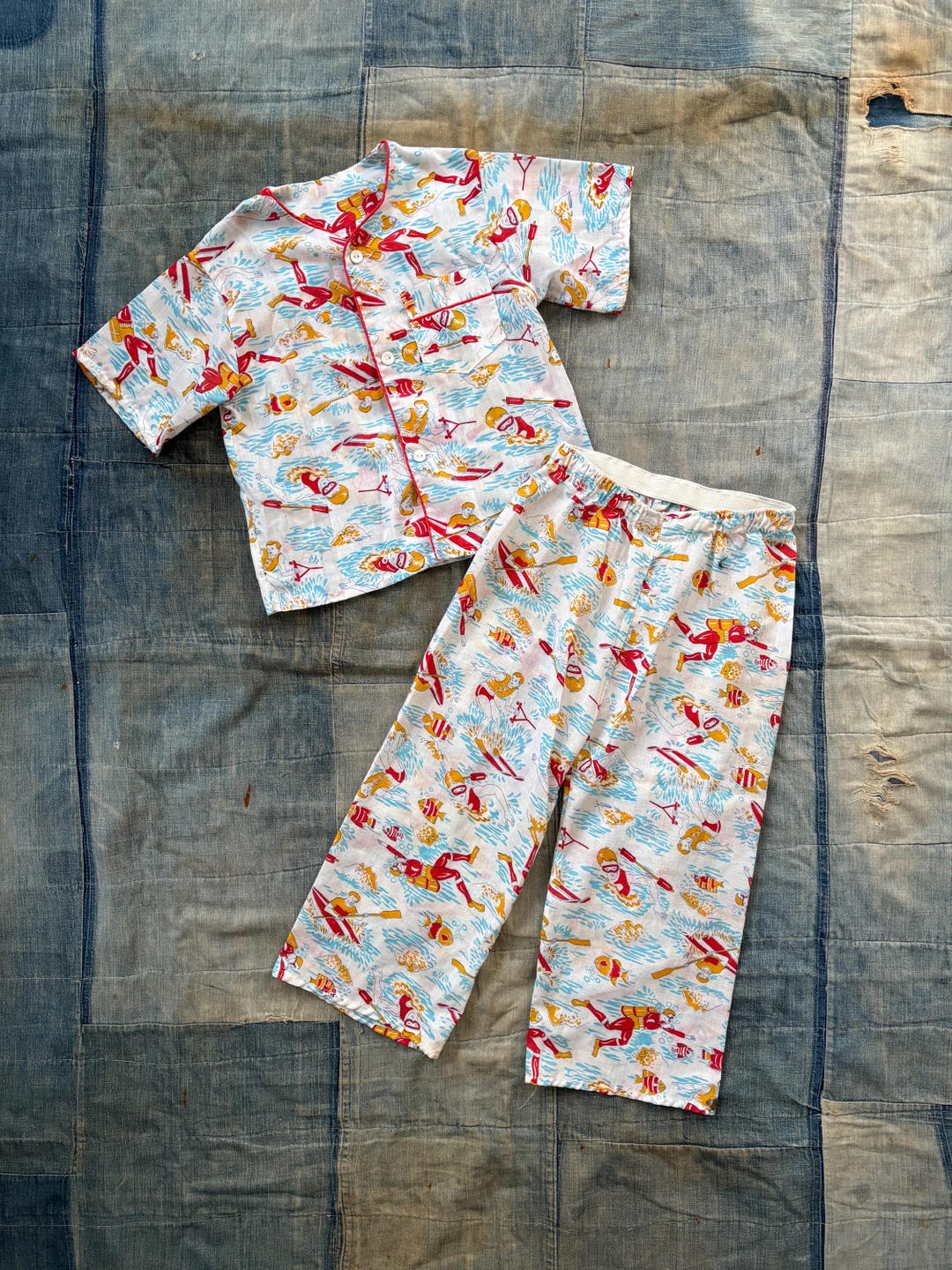 Vintage 1950s Kids Pajama Set Aquatic Sports Pattern / 50’s Shirt and ...