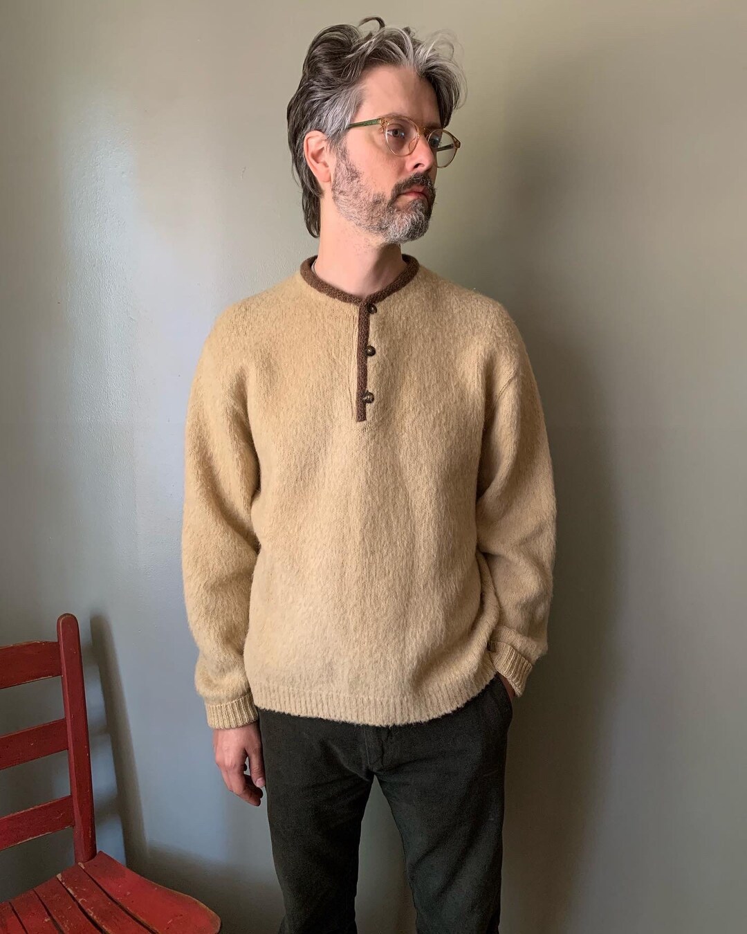 1950s Rinardo Shaggy Mohair Henley Sweater / Vintage 50s Warm Winter ...