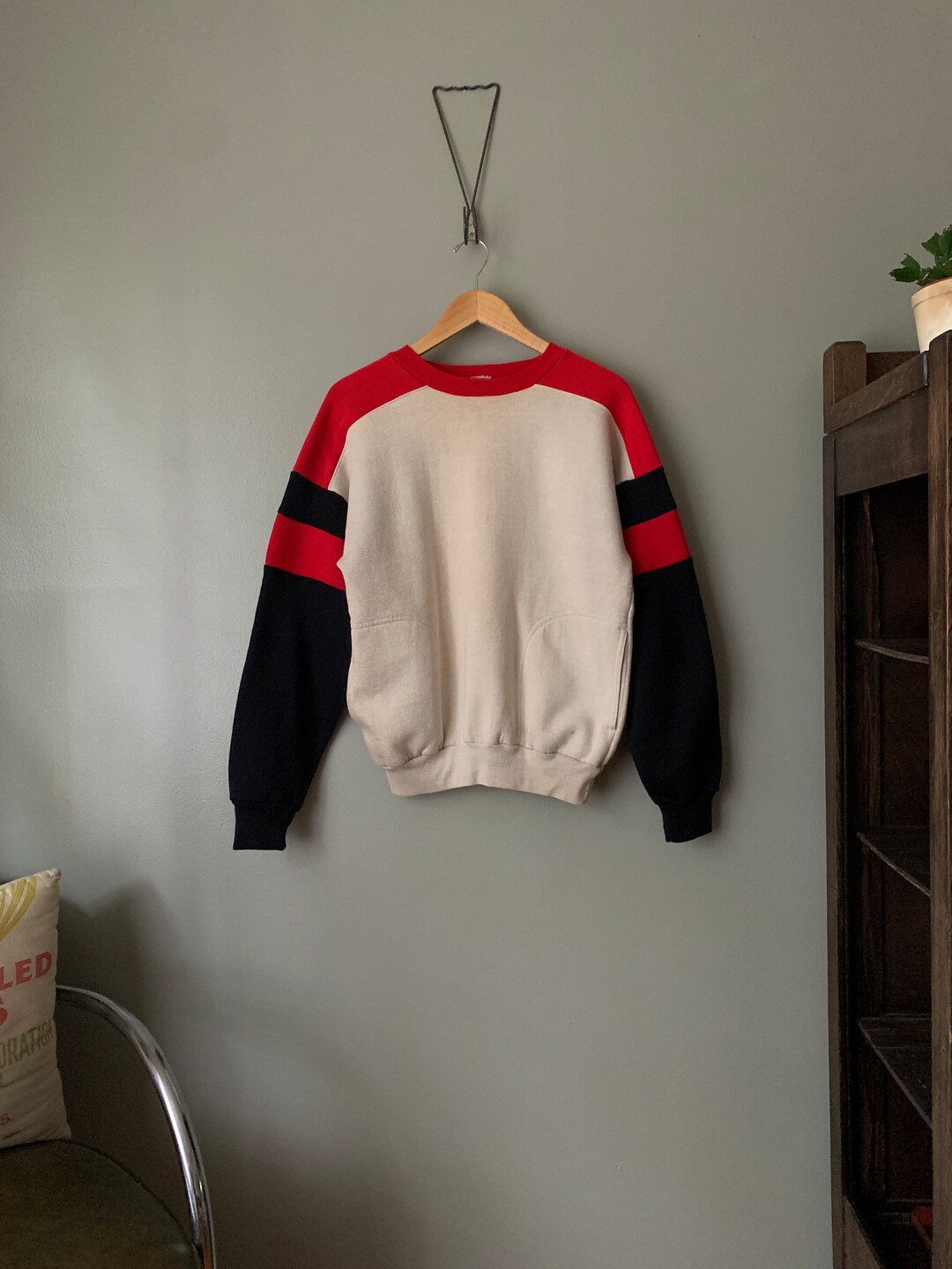1990s Color Block Sweatshirt With Pockets / Vintage 90s Beige Black Red ...