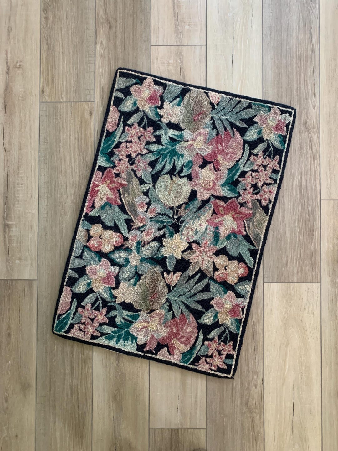 Antique Hand Hooked Rug Floral Pattern / Vintage Early Small Handmade ...