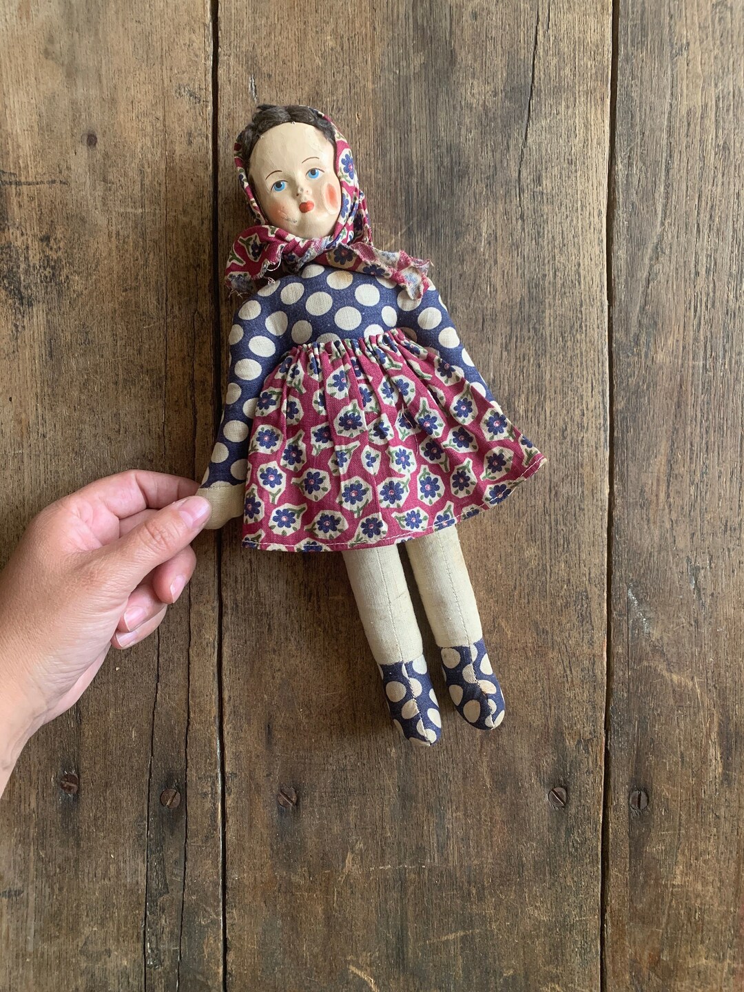 Antique 1920's Polish Papier Mâché Doll / Vintage Paper Mache Polka Dot ...