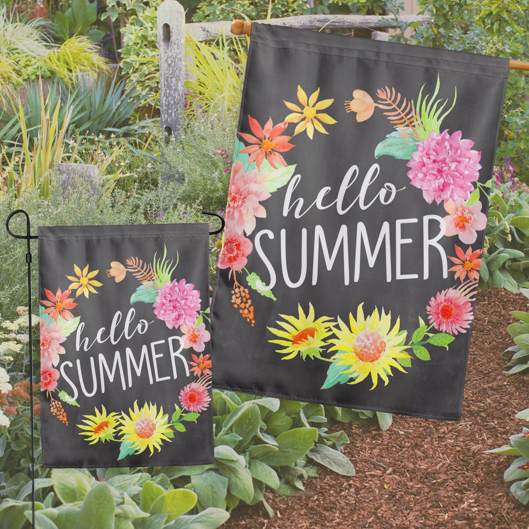 Hello Summer Chalkboard Wreath Garden Flag, Custom Garden House Flag ...