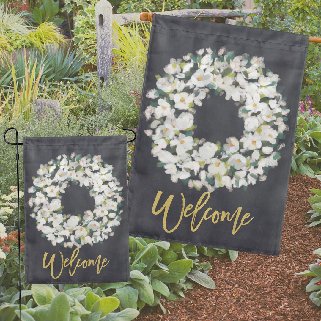 Welcome Magnolia Blossom Wreath Garden Flag, Custom Garden House Flag ...